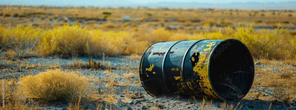 Oil barrel on the ground in open field, desert grassland background ...