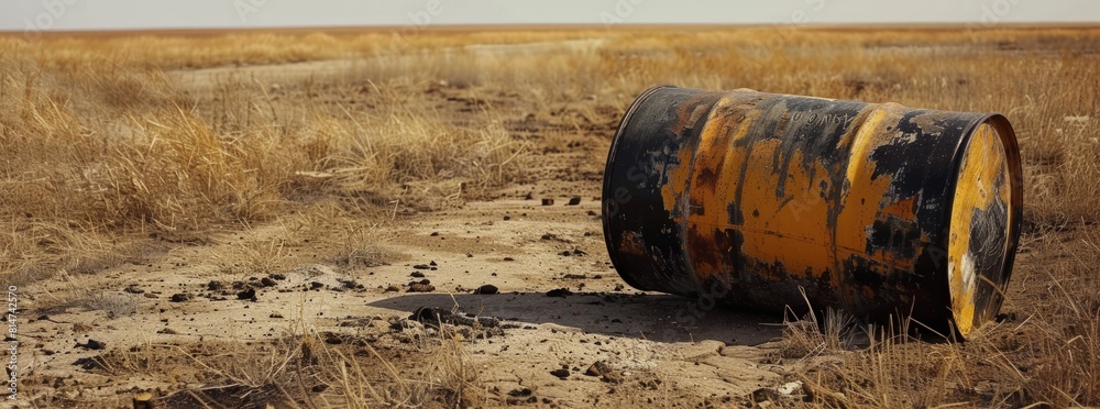 Oil barrel on the ground in open field, desert grassland background ...