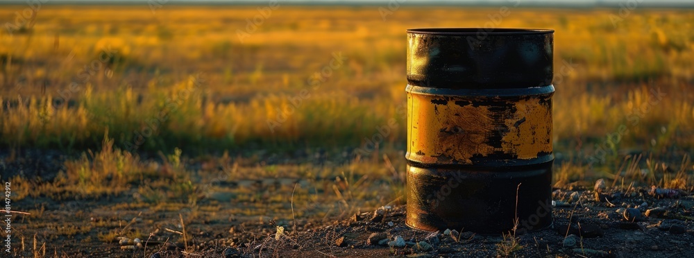 Oil barrel on the ground in open field, desert grassland background ...