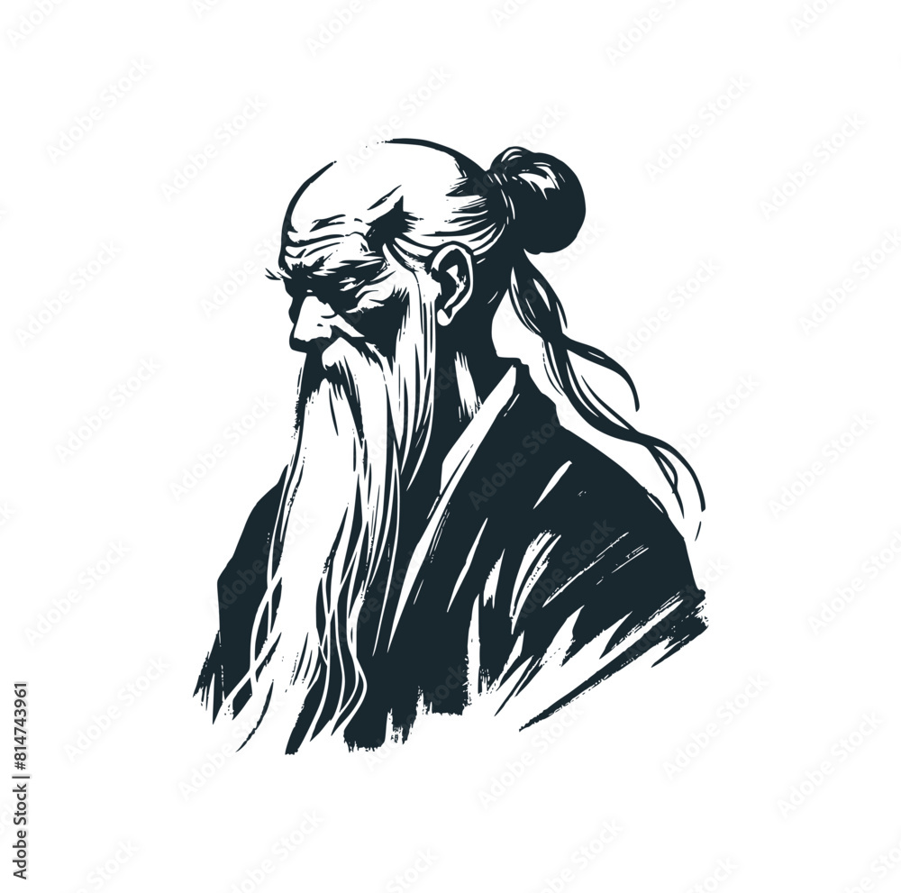 The chinese monk scholar. Black white vector illustration logo. Stock ...