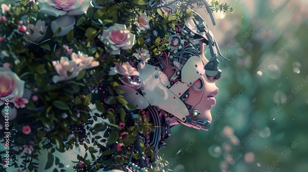 portrait of a cyborg woman in the forest, futuristic cyborg girl fusion ...