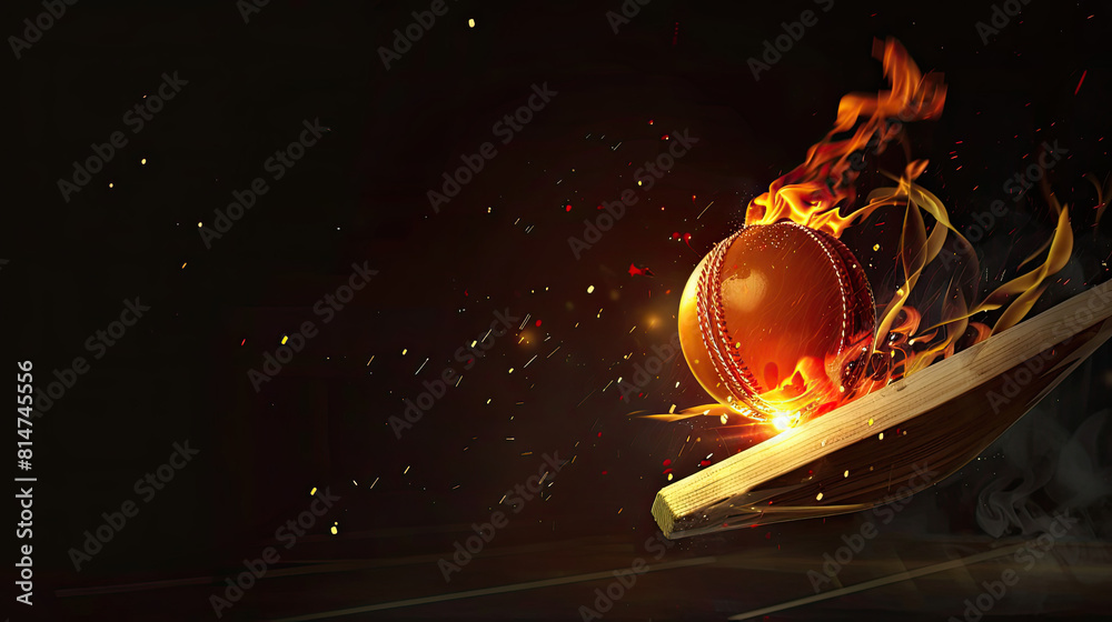 A high-resolution photorealistic scene featuring a flaming cricket ball ...