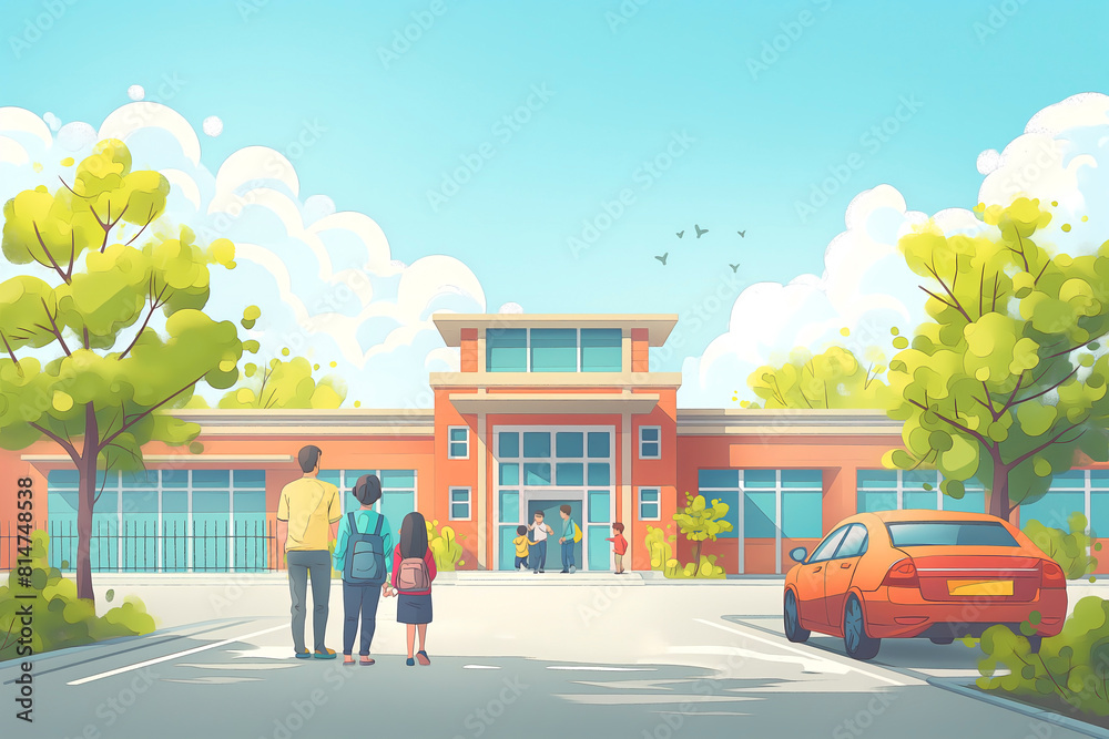 In a simple and clean flat art style, envision a scene where parents ...