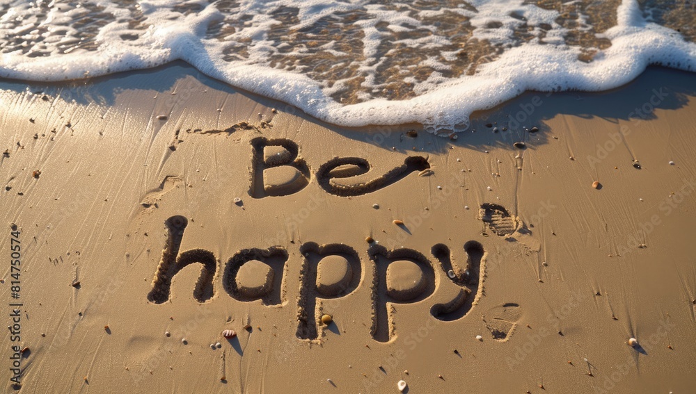 Be happy written in the beach sand with a smiley face drawn, sea in the ...