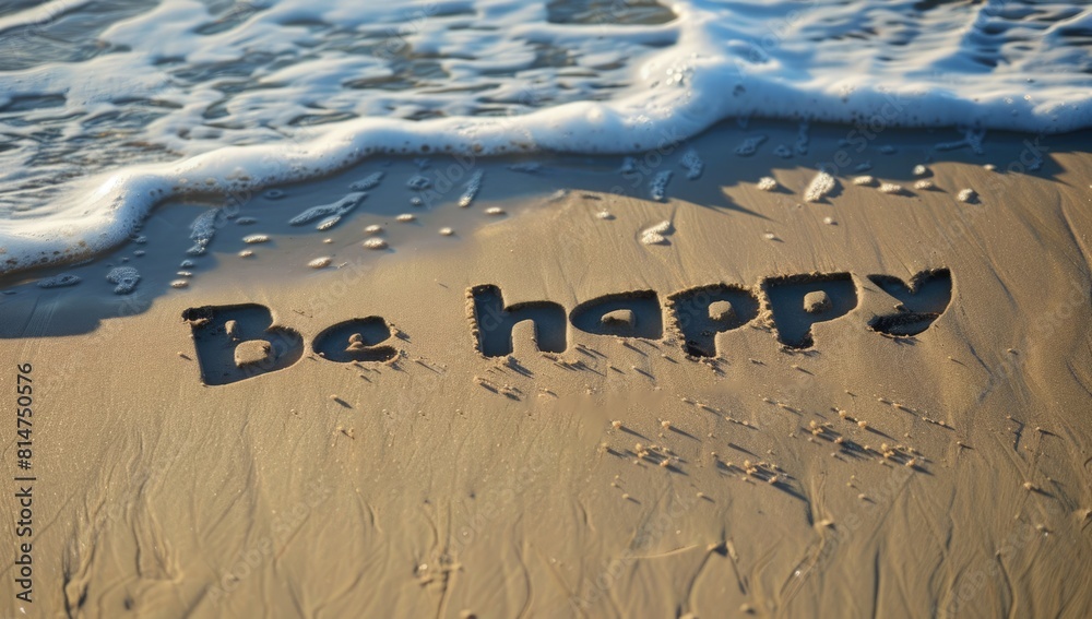 Be happy written in the beach sand with a smiley face drawn, sea in the ...