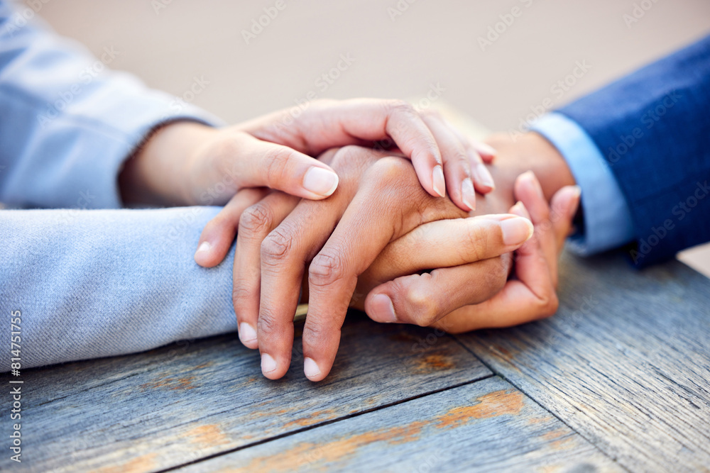 Hands, holding and business people with comforting outside for support ...