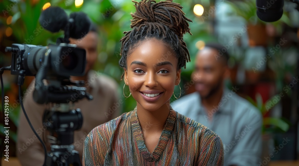 Confident African American woman in interview setting, filmed by ...