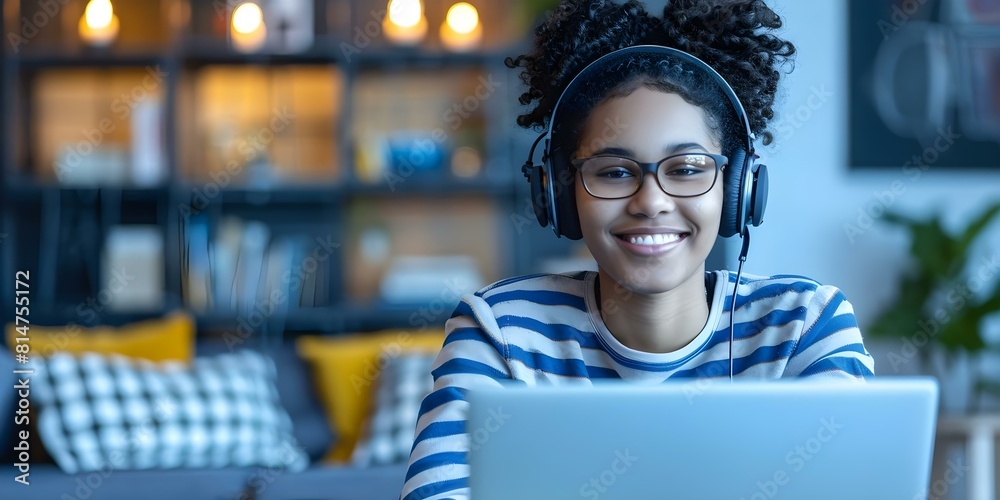 Smiling student with headphones studying online on laptop in home ...