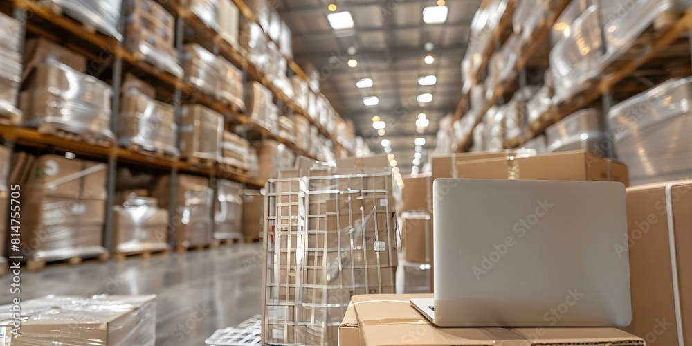 Warehouse filled with packages and laptop mockup for delivery service ...