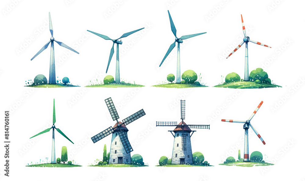 Collection of modern and traditional windmills isolated on white ...