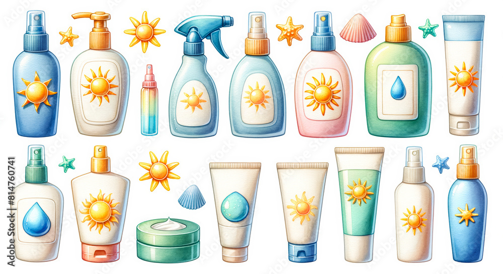 Collection of illustrated summer skincare products with sun and water ...