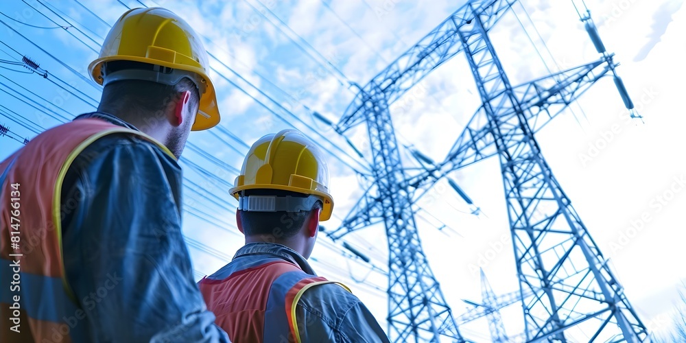 Electrical engineers constructing highvoltage pylon extension for power ...