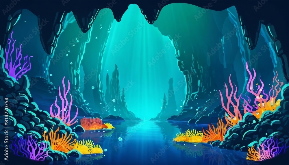Abstract underwater cavern background with bioluminescent organisms and ...