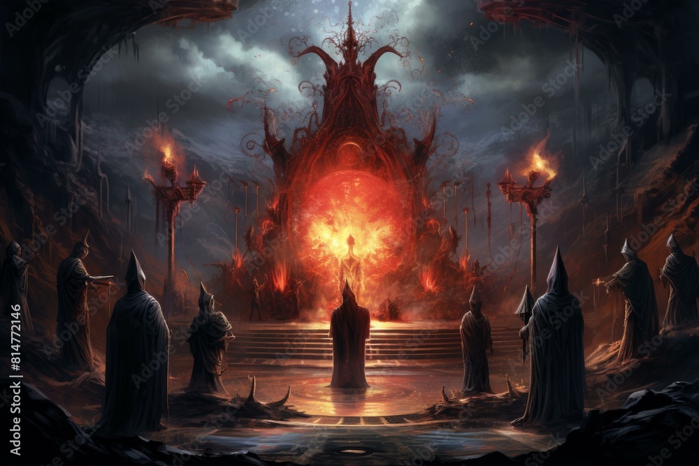 Eerie illustration of hooded figures participating in a ritual around a ...