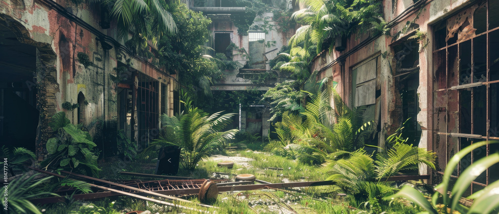 Destroyed buildings during post apocalypse, city ruins overgrown with ...