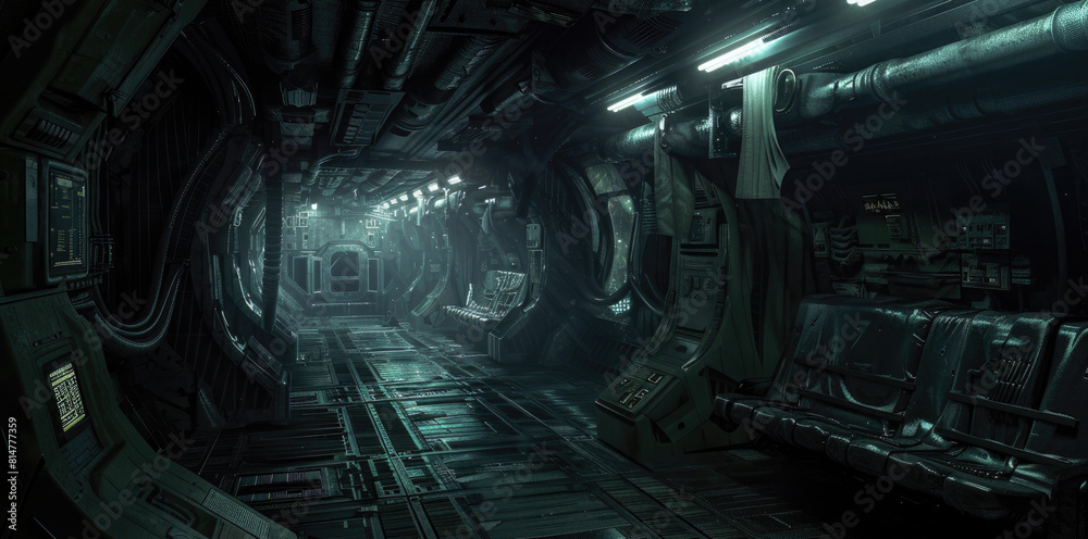 Dark corridor in futuristic spaceship, panoramic view of spacecraft ...