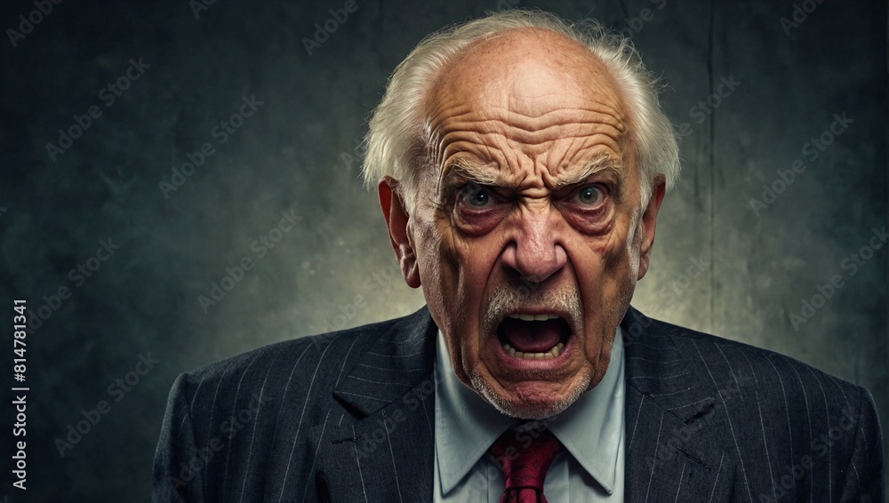 Foto de Very angry, old gray man in suit, yelling and expresses extreme ...