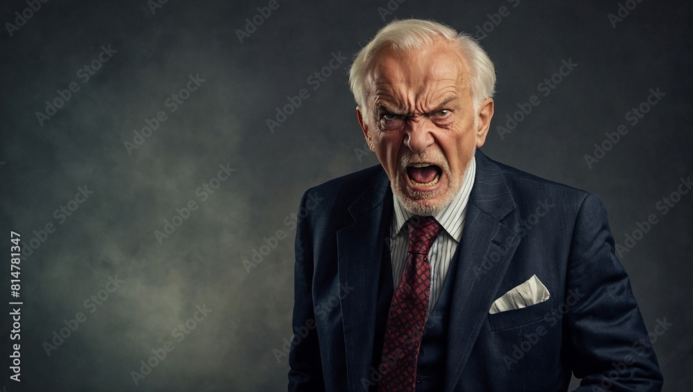 Very angry, old gray man in suit, yelling and expresses extreme ...