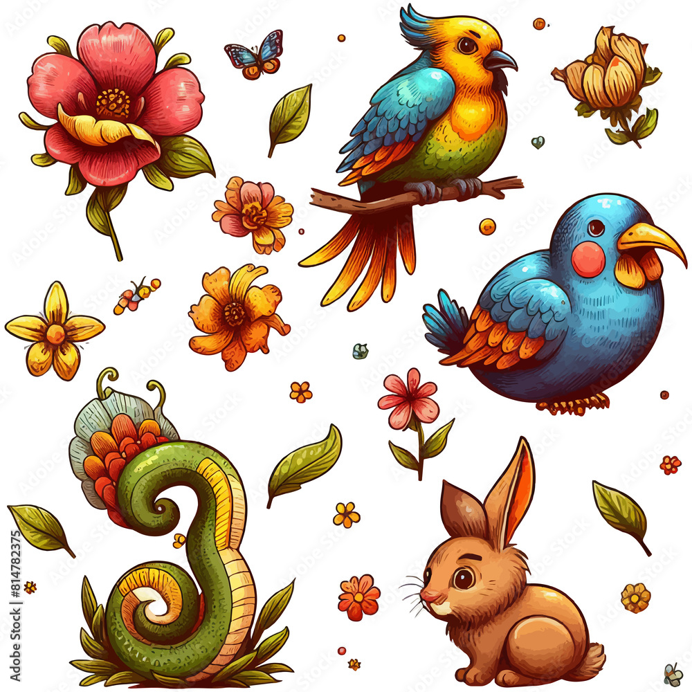 Watercolor floral bouquet, bright flowers, snake and exotic birds ...