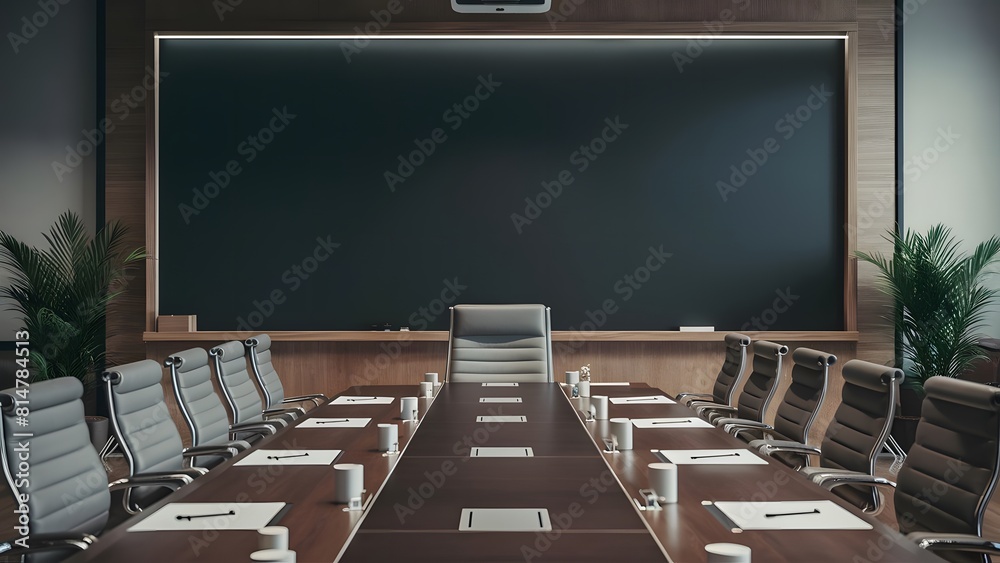 Office meeting room conference table interior with blank blackboard ...
