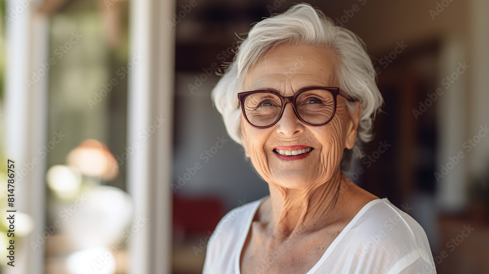 older active woman in her 70s in a camera interview setting inside her ...