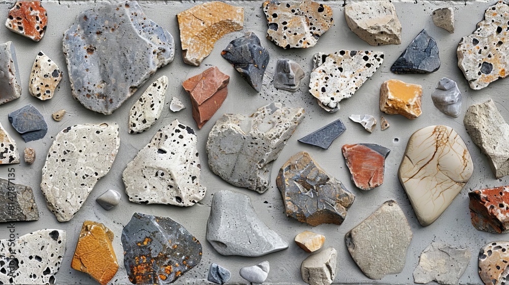 A section of raw concrete with exposed aggregate, showing stones of ...