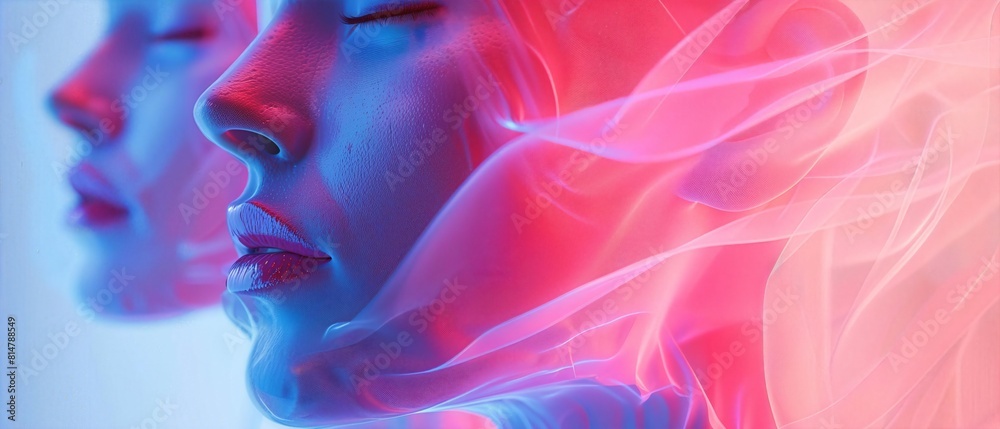 Abstract side profiles of human faces in neon blue and pink hues ...