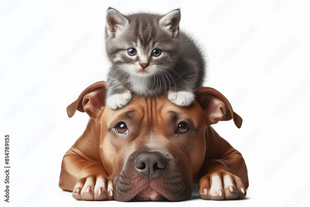 kitten climbing on pitbull dog head. young dog and young cat together ...