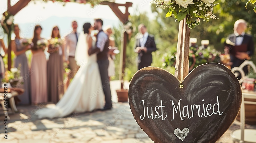 a heart text "Just Married" welcome sign hang in front of Wedding ...
