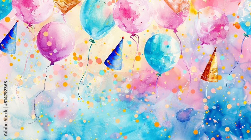 balloons, party hats and confetti, periwinkle background, watercolor ...