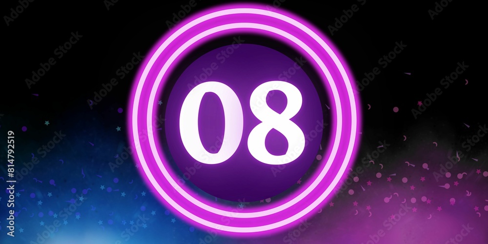 Number 08. Banner with the number eight on a black background and blue ...