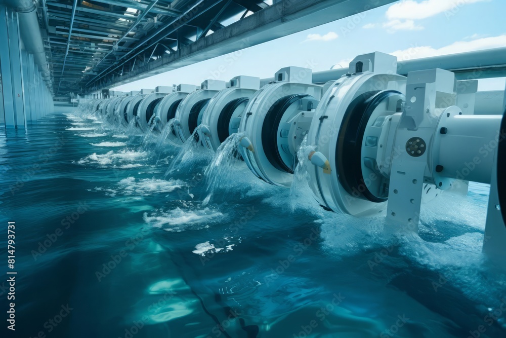 A row of tidal stream generators positioned in a fastmoving water ...