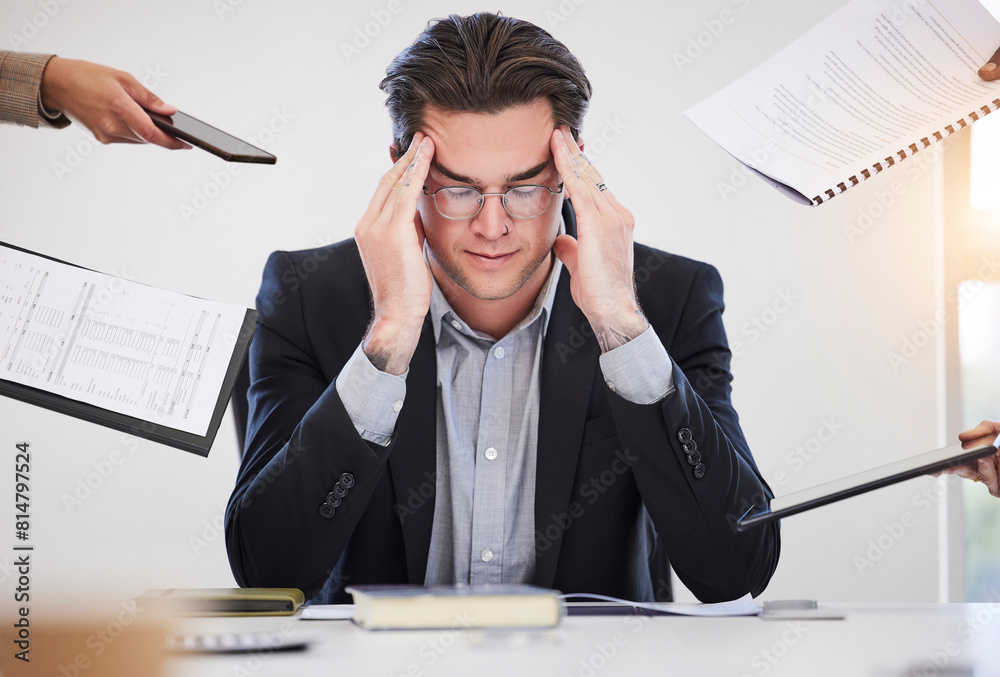 Stress, multitasking and business man with documents for pressure ...