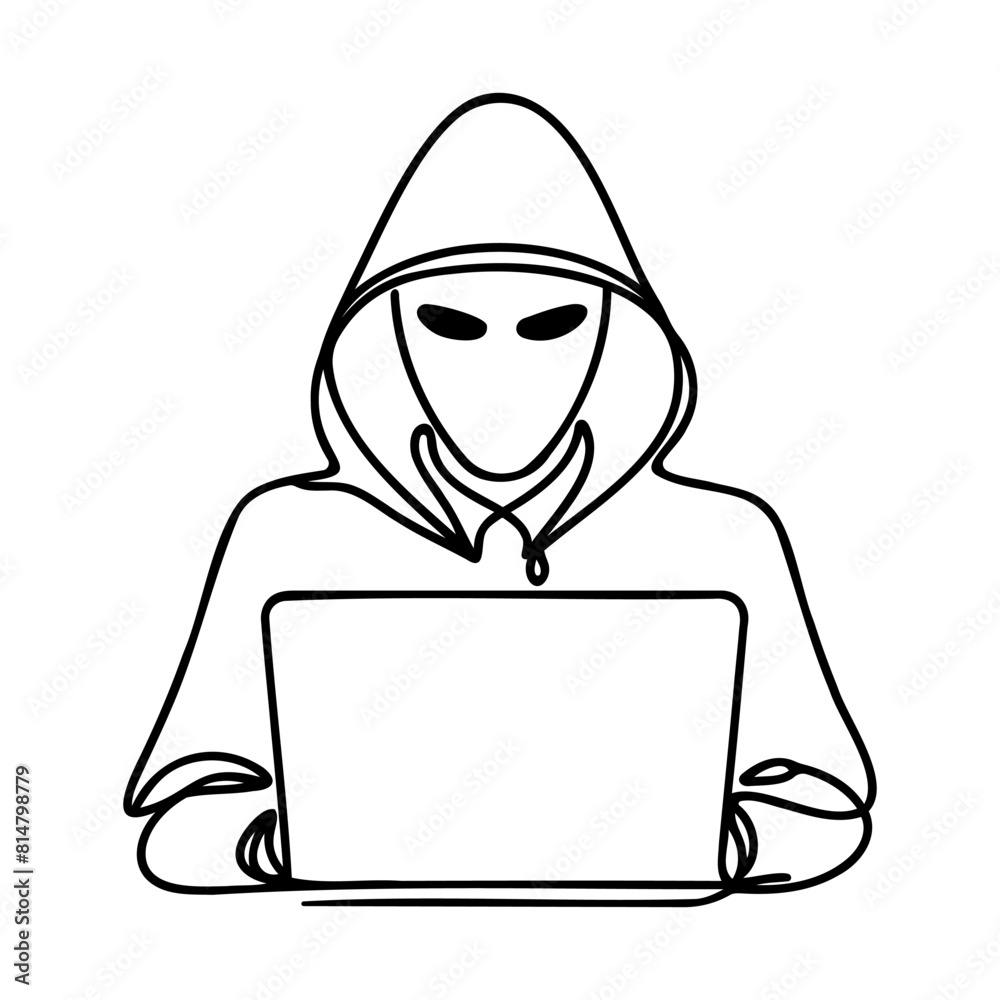 One Line Continuous Hacker Cyber Security Symbol Concept Silhouette Hacker Icon Digital White