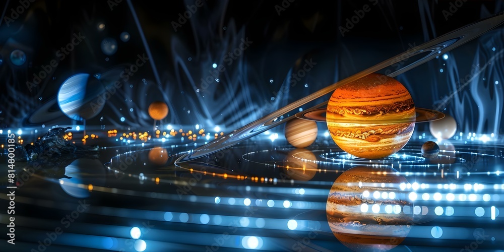 Detailed model of solar system in dark room with planets illuminated ...
