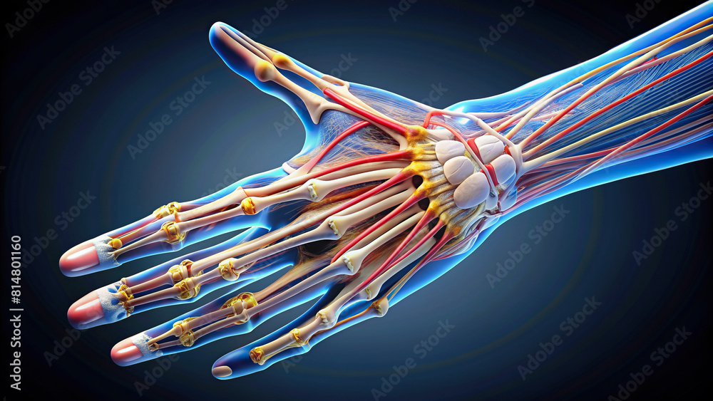 Detailed view of hand ligaments, illustrating their intricate ...