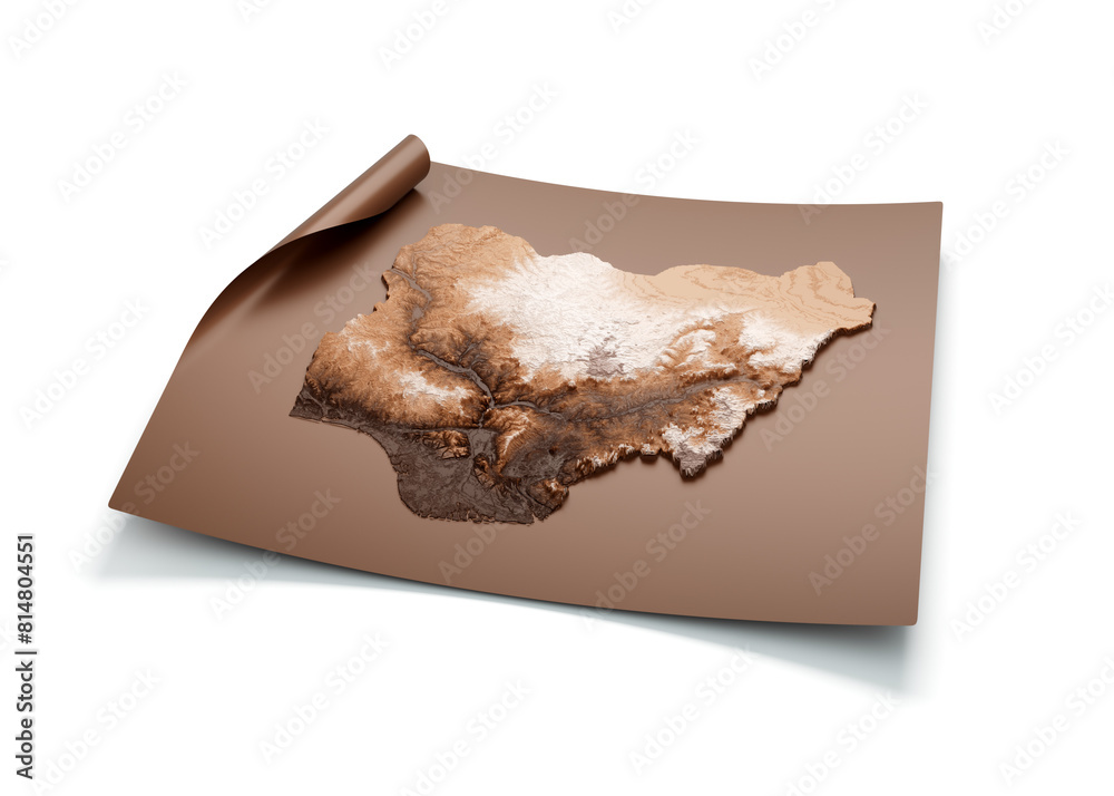 Vintage Map Of Nigeria In Brown Unrolled Map Paper Sheet On White ...