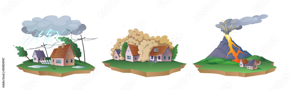 Storm, dust cloud and volcano eruption accidents 2D cartoon objects set ...