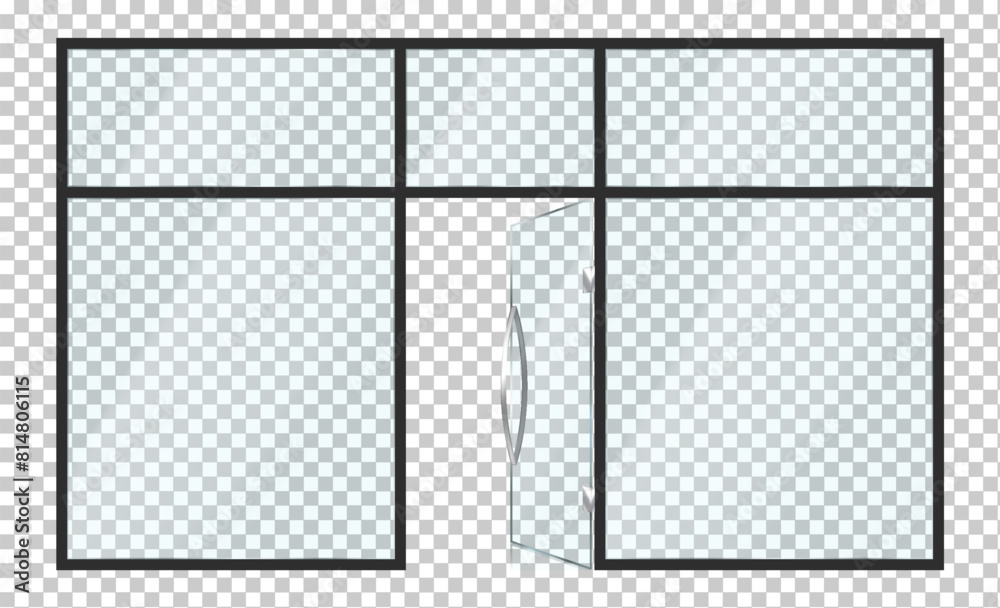 Glass window case of store facade with open door realistic vector ...