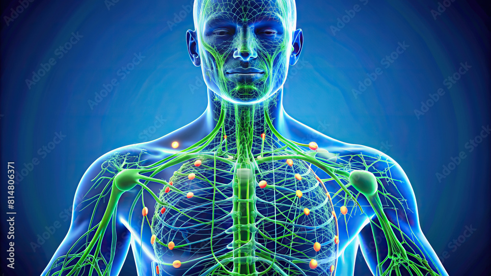 Detailed view of lymphatic system showing lymph nodes and filtration ...