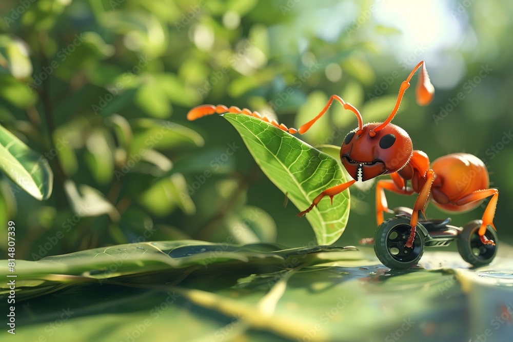 The image shows a red ant with wheels instead of legs, the ant is also ...