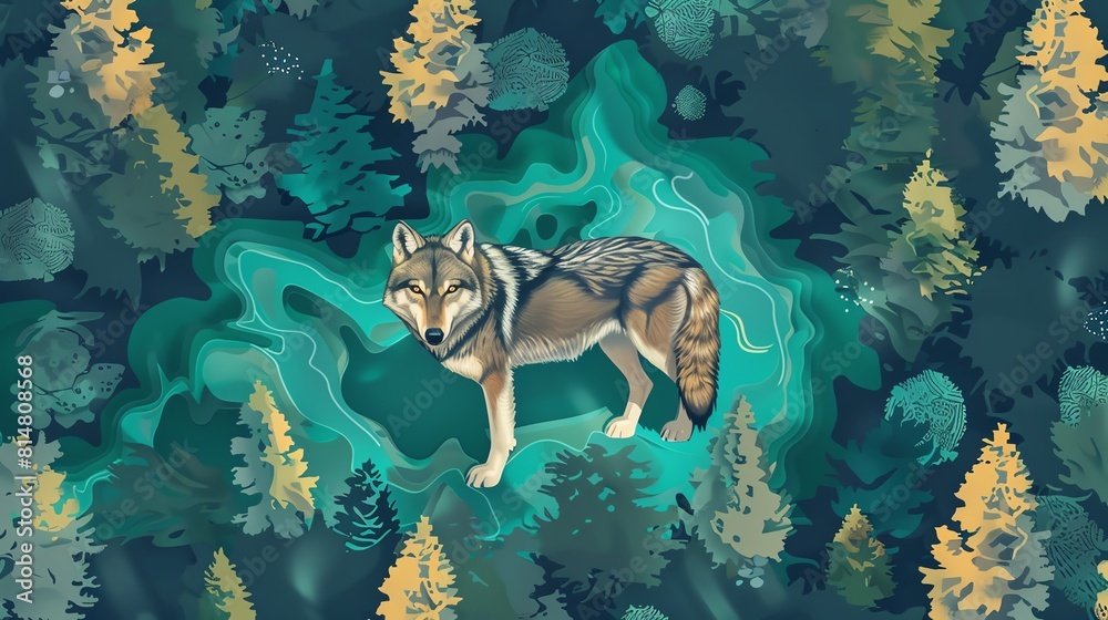 Wolf flat design top view, forest theme, water color, Tetradic color ...