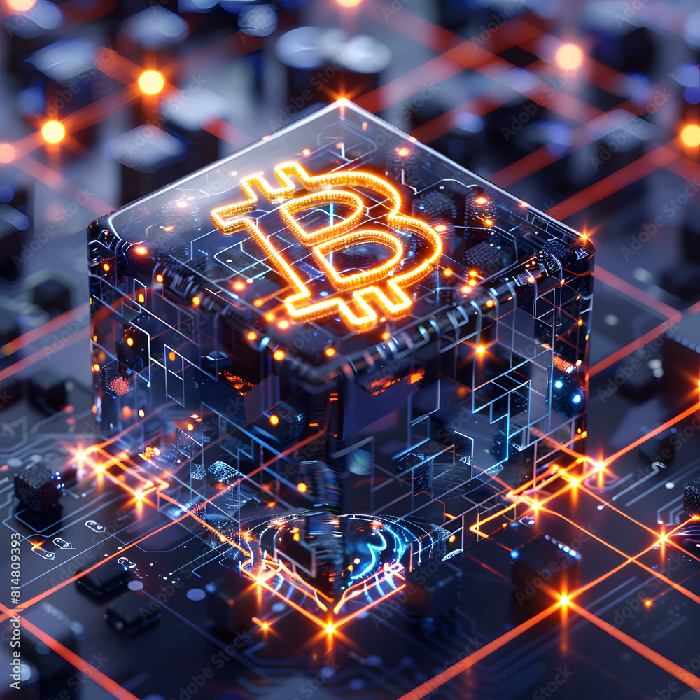 An electric blue cube with the letter B sits on top of a motherboard ...