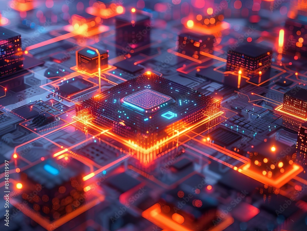 An illustration of a computer chip with glowing orange and blue lights ...
