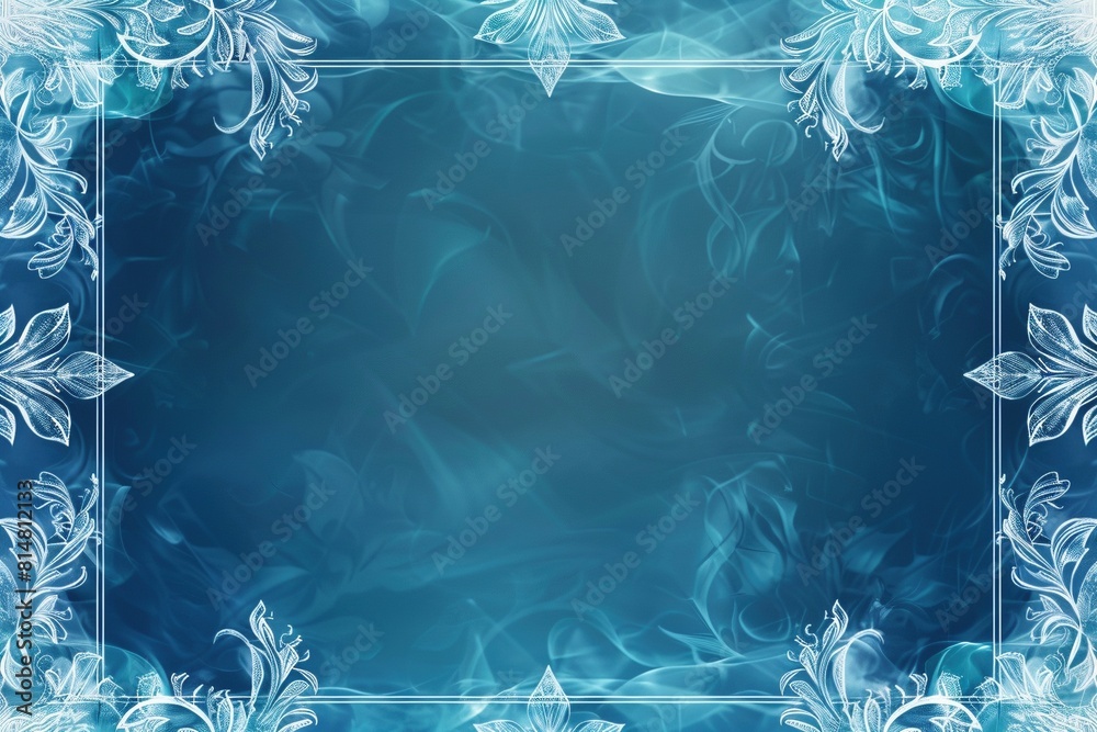 Blue background with white filigree frame, light smoke in the center of ...