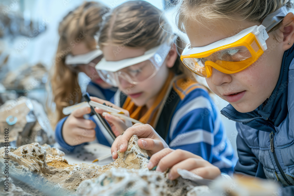 Curious young geologists examining rock samples and learning about the ...