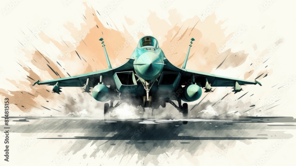 Artistic rendering of a fighter jet during takeoff, showcasing dynamic ...