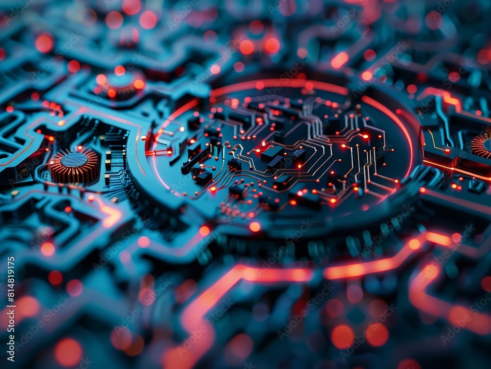 An illustration of a futuristic circuit board with glowing red and blue lights. Stock ...