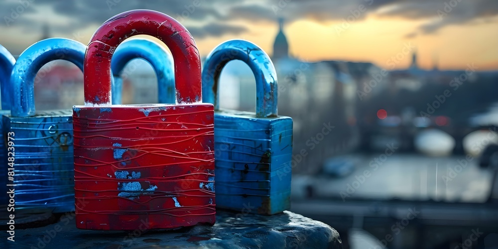 Cybersecurity breach red padlock unlocked among blue ones. Concept ...