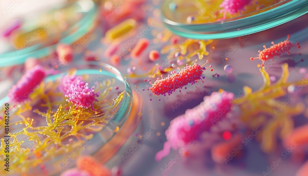 Bacteria and Fungus Interaction. Side View A 3D visualization depicting ...